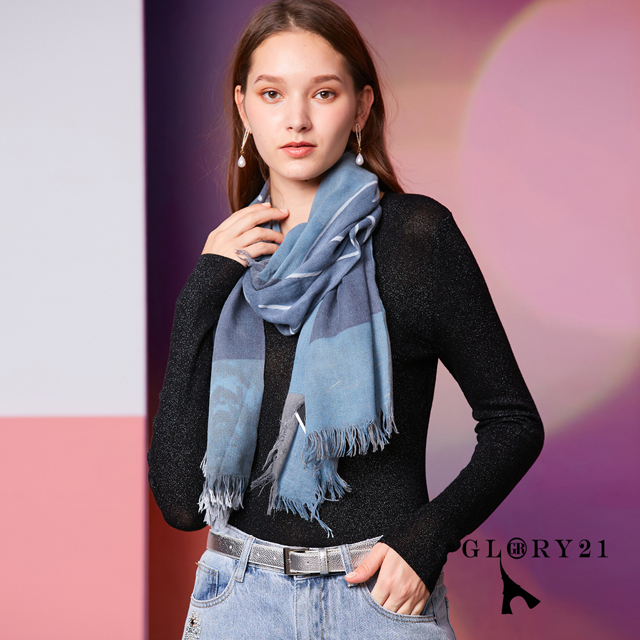 【GLORY21】優雅葉子圖騰雙色流蘇圍巾-灰色 | LINE購物商城
