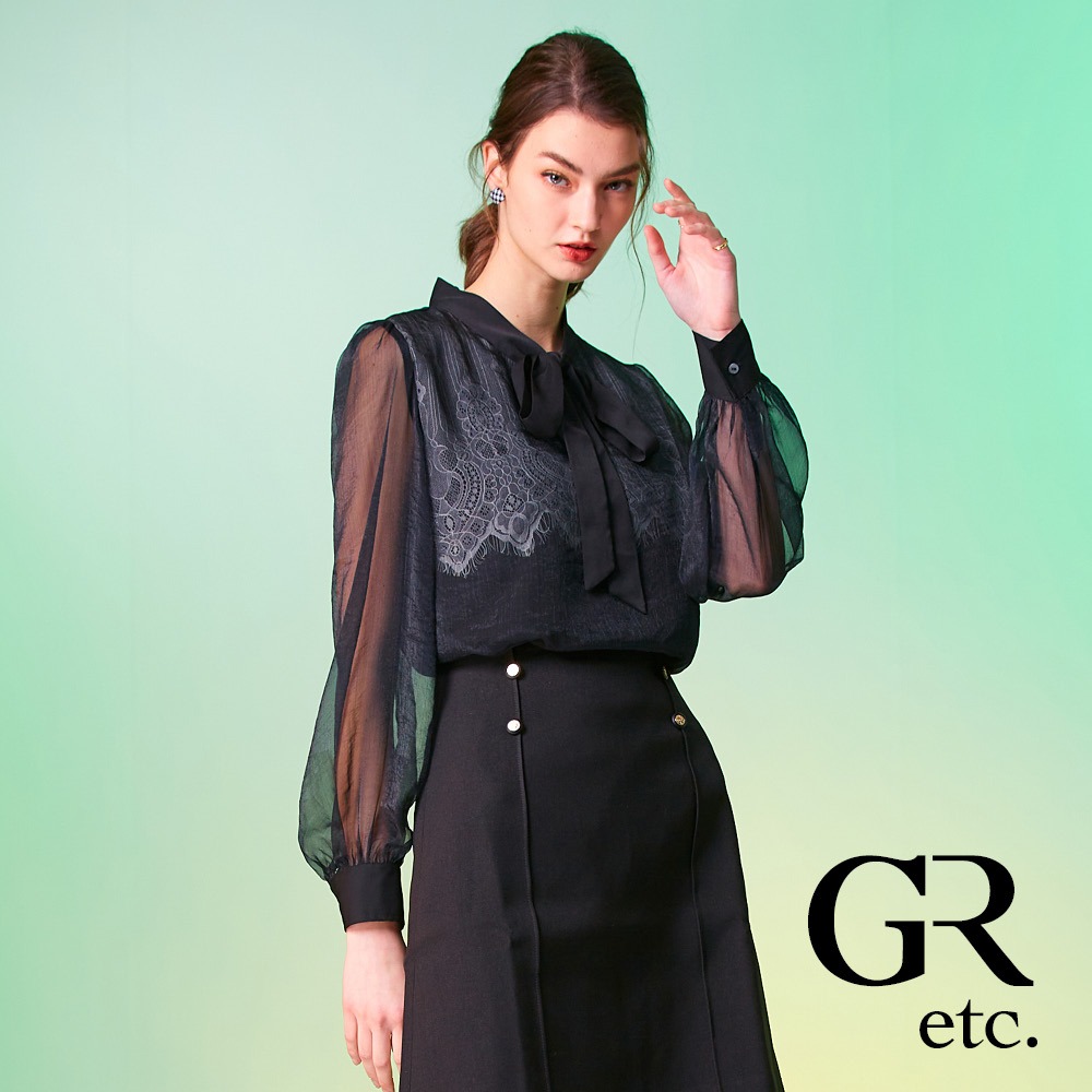 【GLORY21】etc.浪漫蕾絲雪紡綁結上衣-黑 | LINE購物商城