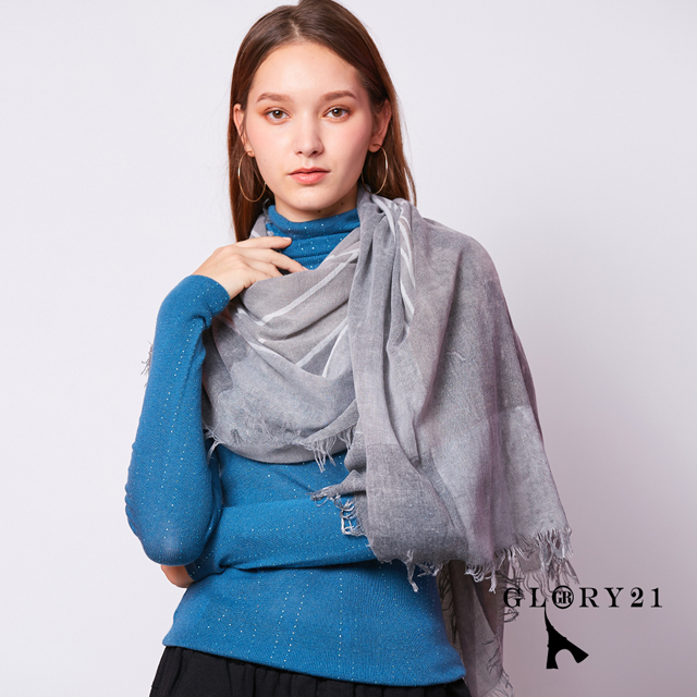 【GLORY21】優雅葉子圖騰雙色流蘇圍巾-褐色 | LINE購物商城