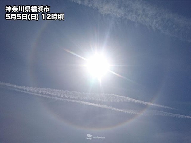 太陽のまわりに虹色の環「ハロ」が出現中（ウェザーニュース）
