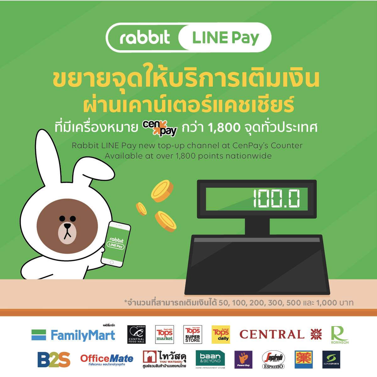 จุดเติมเงินเข้า Rabbit LINE Pay และวิธีการเติมเงิน