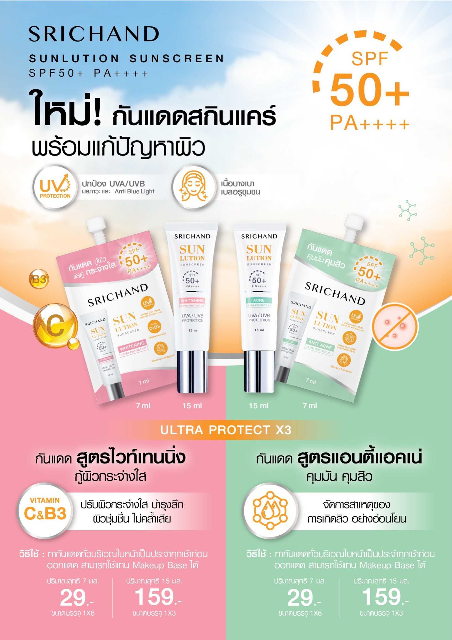 (1กล่อง6ซอง) Srichand Sunlution Skin Sunscreen SPF50 ศรีจันทร์ ซัน ...