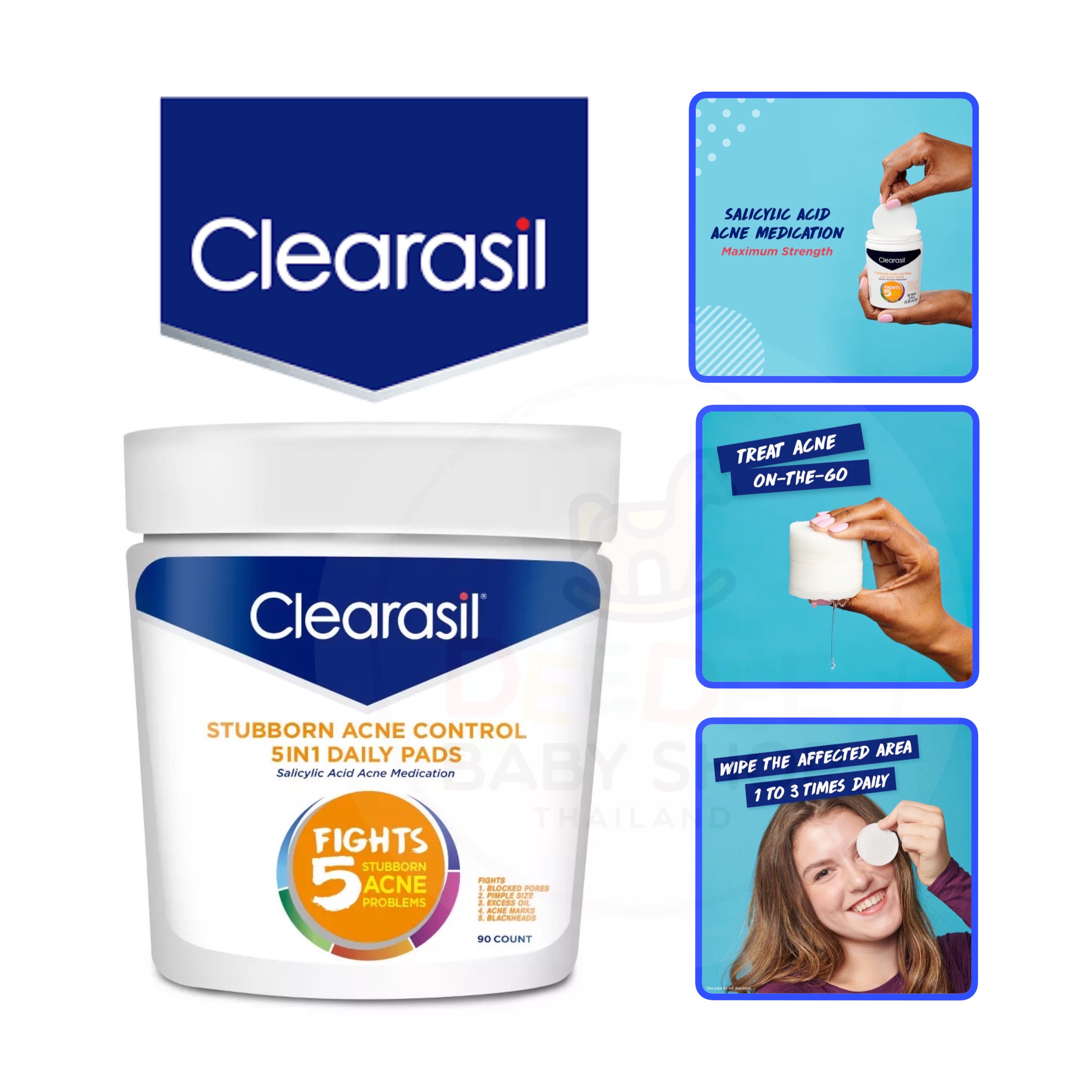 แผ่นเช็ดทำความสะอาดผิวหน้า Clearasil Stubborn Acne Control 5-in-1 Daily ...