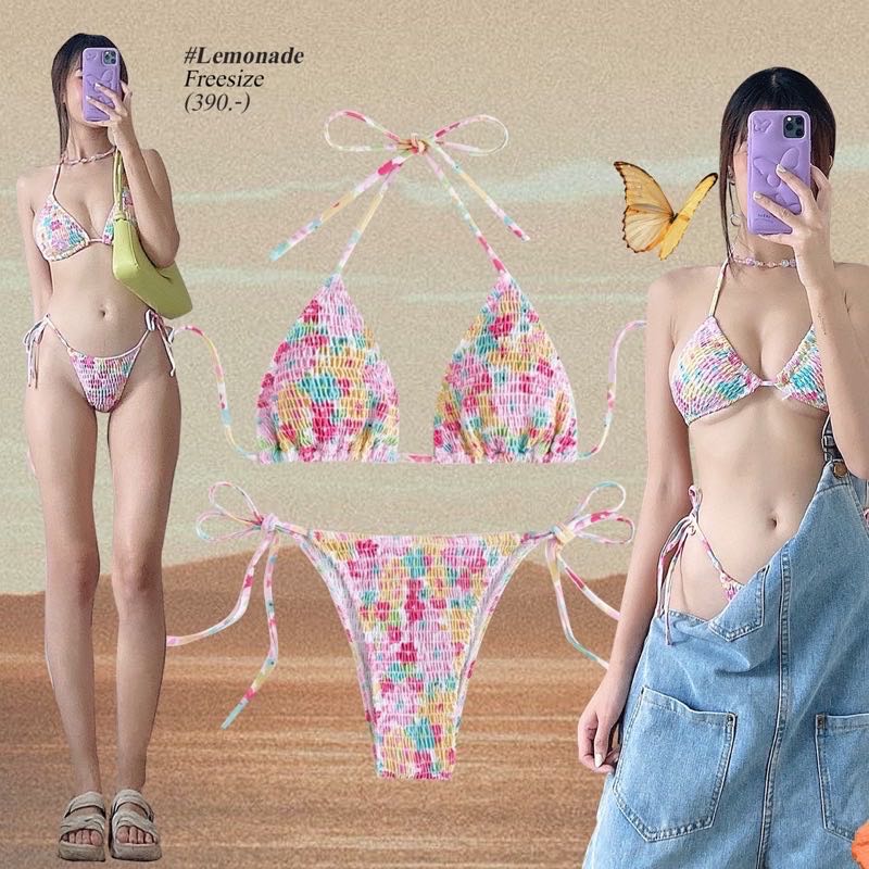 Lemonade bikini 🌸 บิกินี่ผ้าย่นลายดอก (สี pink,green,yellow, orange) | LINE SHOPPING
