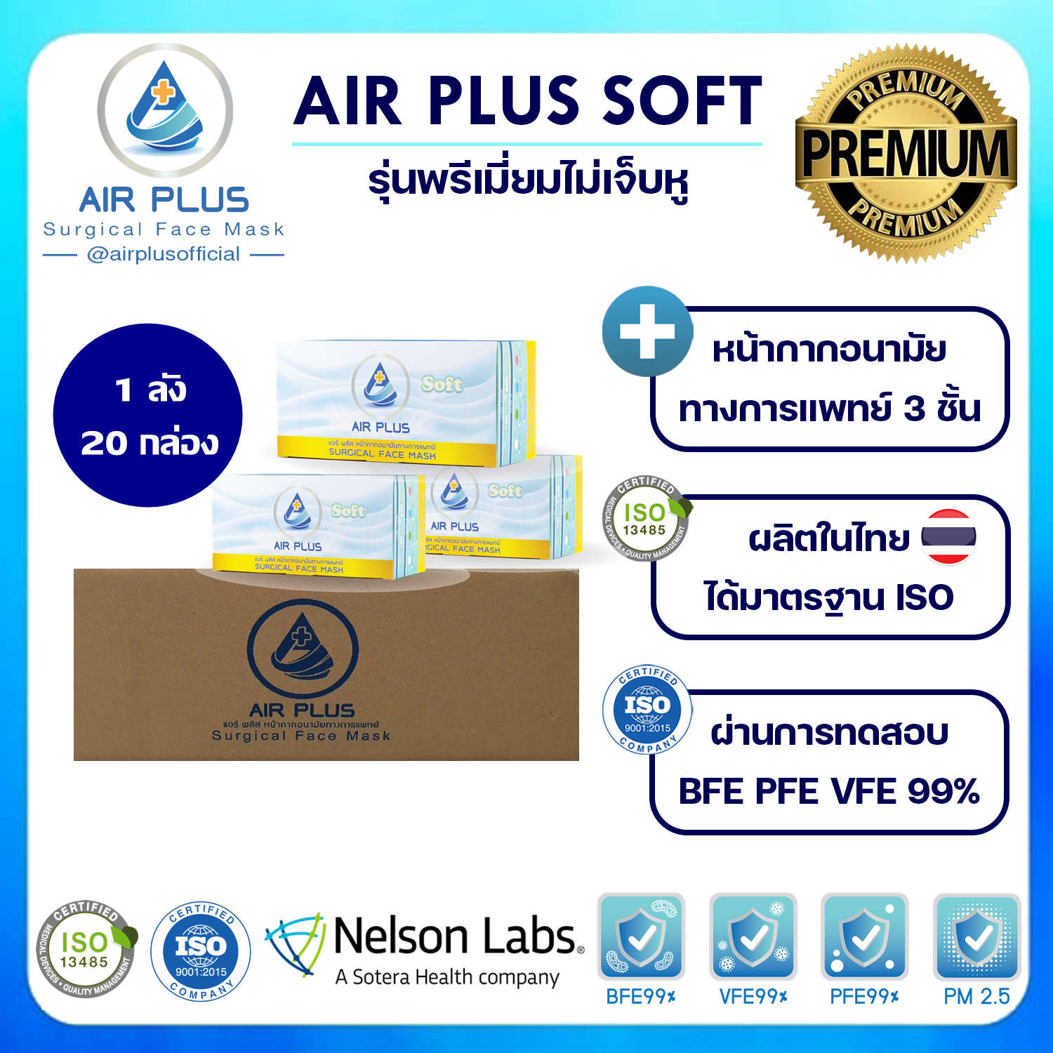 💥AIR PLUS SOFT PREMIUM MASK รุ่นแถบหูกว้าง(ไม่เจ็บหู)💥(ยกลัง) ผลิตในไทย ...