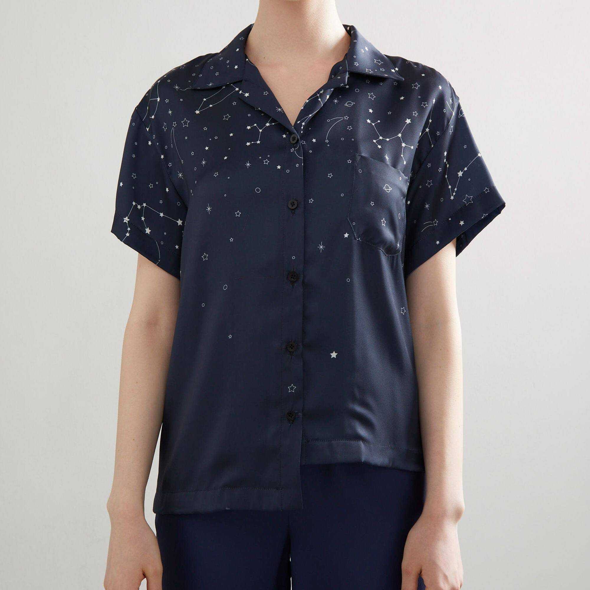 PJ SHIRT Silk Navy Zodiac with Asymmetric Hem | LINE SHOPPING