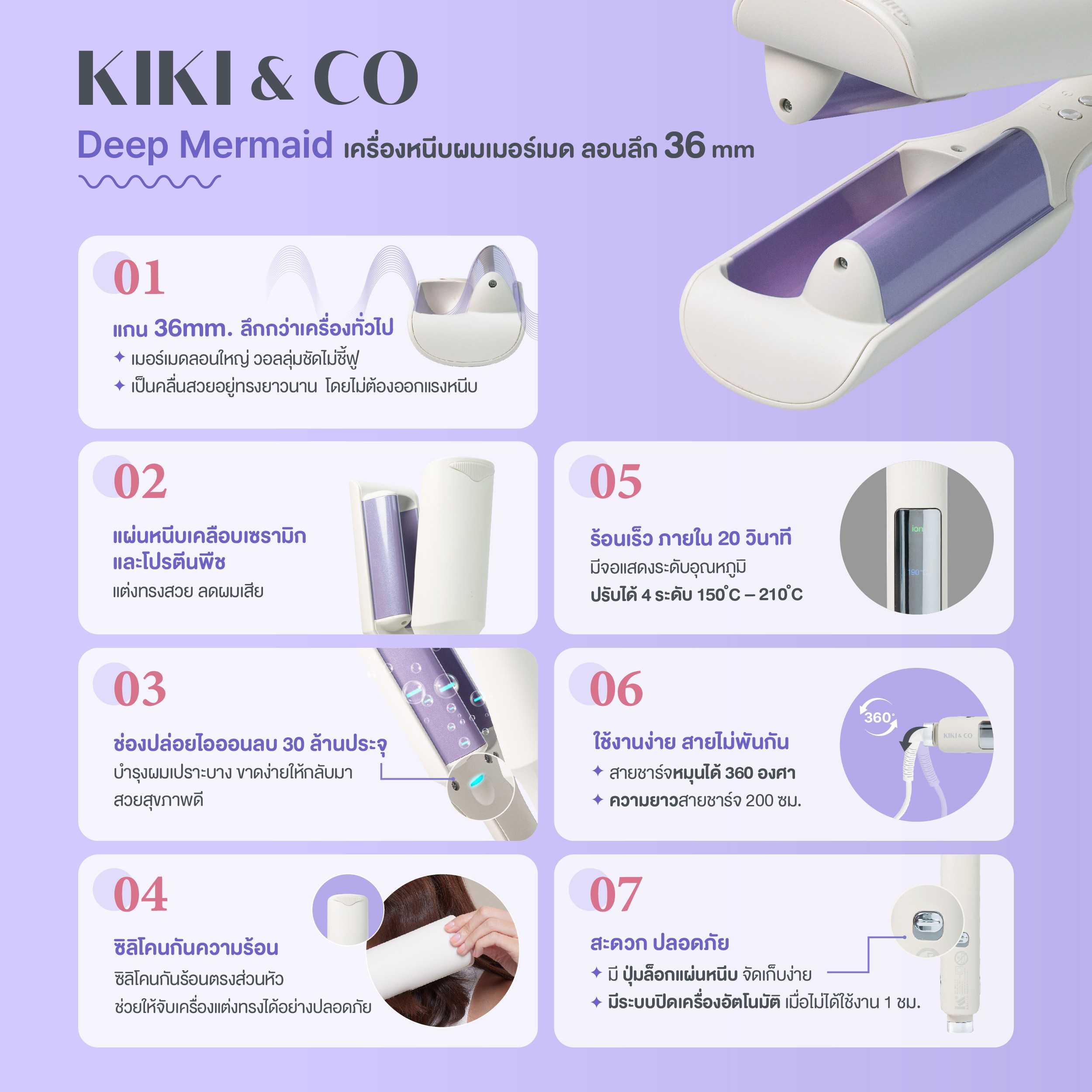 KIKI&CO Deep Mermaid 36MM เครื่องหนีบผมเมอร์เมดลอนลึก แกน 36 มม มีมอก. ...